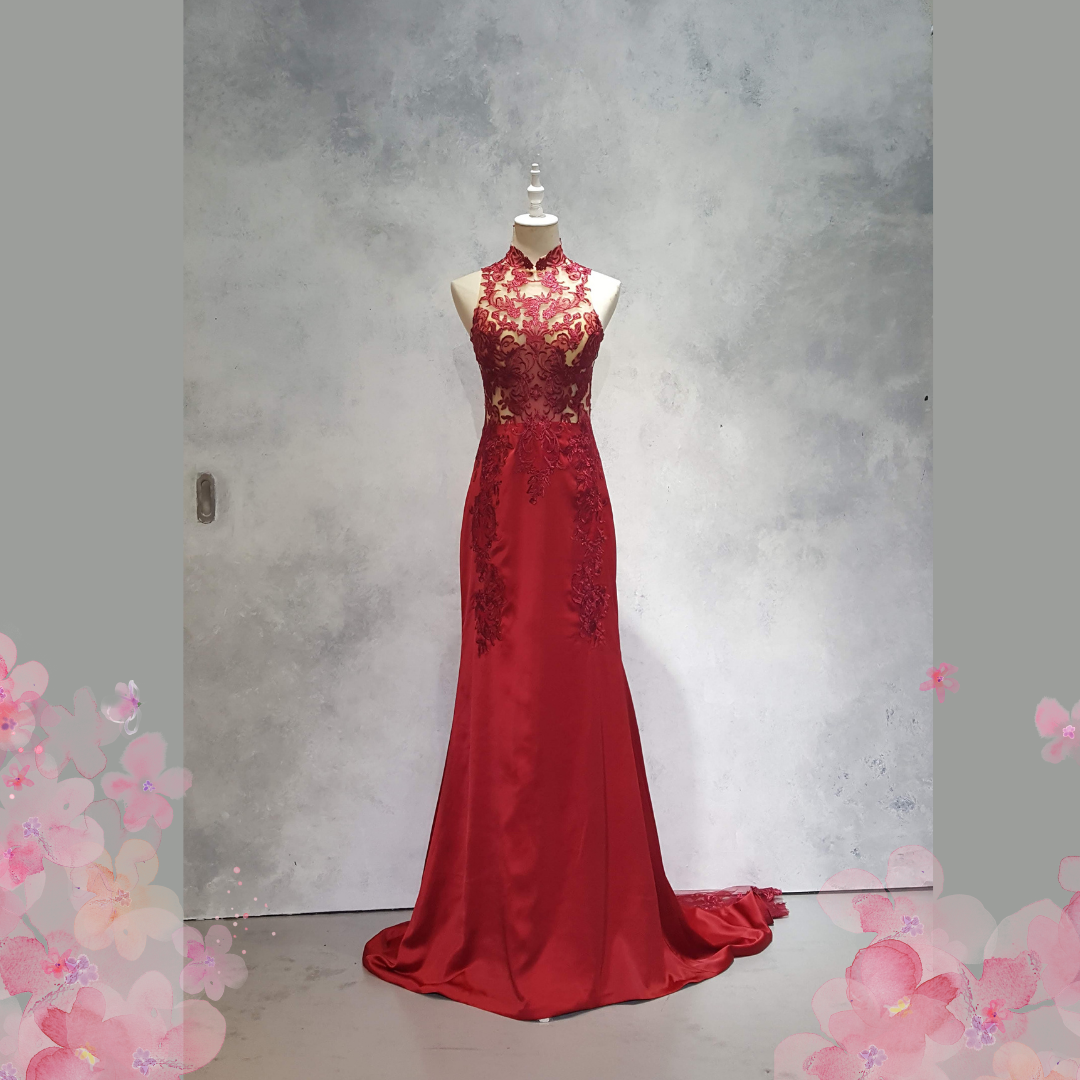 222EL03E01 Berry Cheongsam Pronovias Lace Full red 4 Oriental Cheong ...